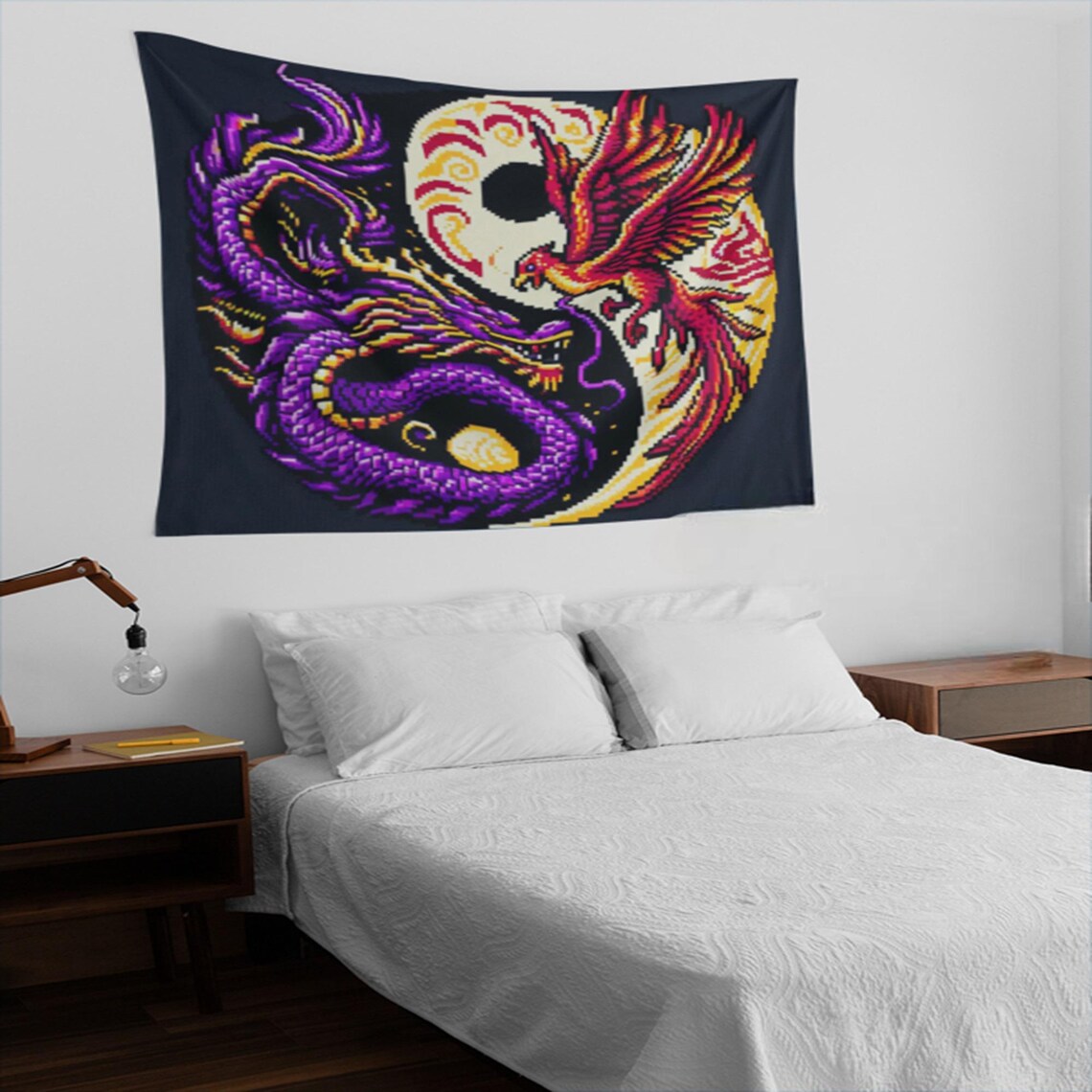 Pixel Art Dragon and Phoenix Tapestry Intricate Pixel Detailing, High ...