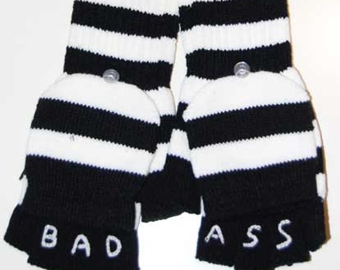 Bad Ass Knuckle Tattoo Striped Fingerless Gloves Mittens Hand Stitched ...