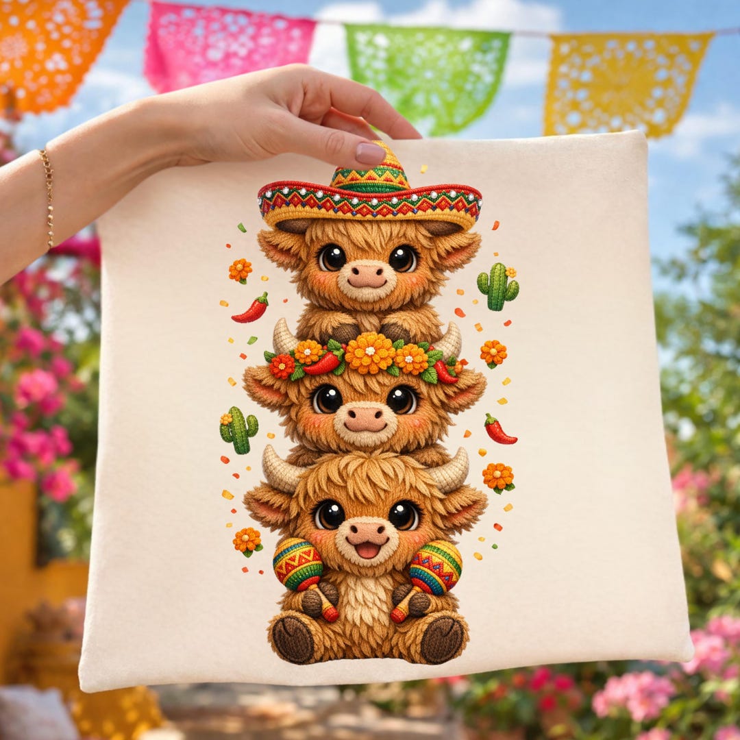 Cinco De Mayo Highland Cows PNG; Mexican Floral Fiesta Embroidery ...
