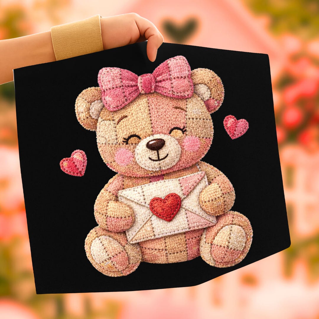 Patchwork Teddy Bear Valentine PNG | Faux Yarn Girly Shirt Design - Etsy
