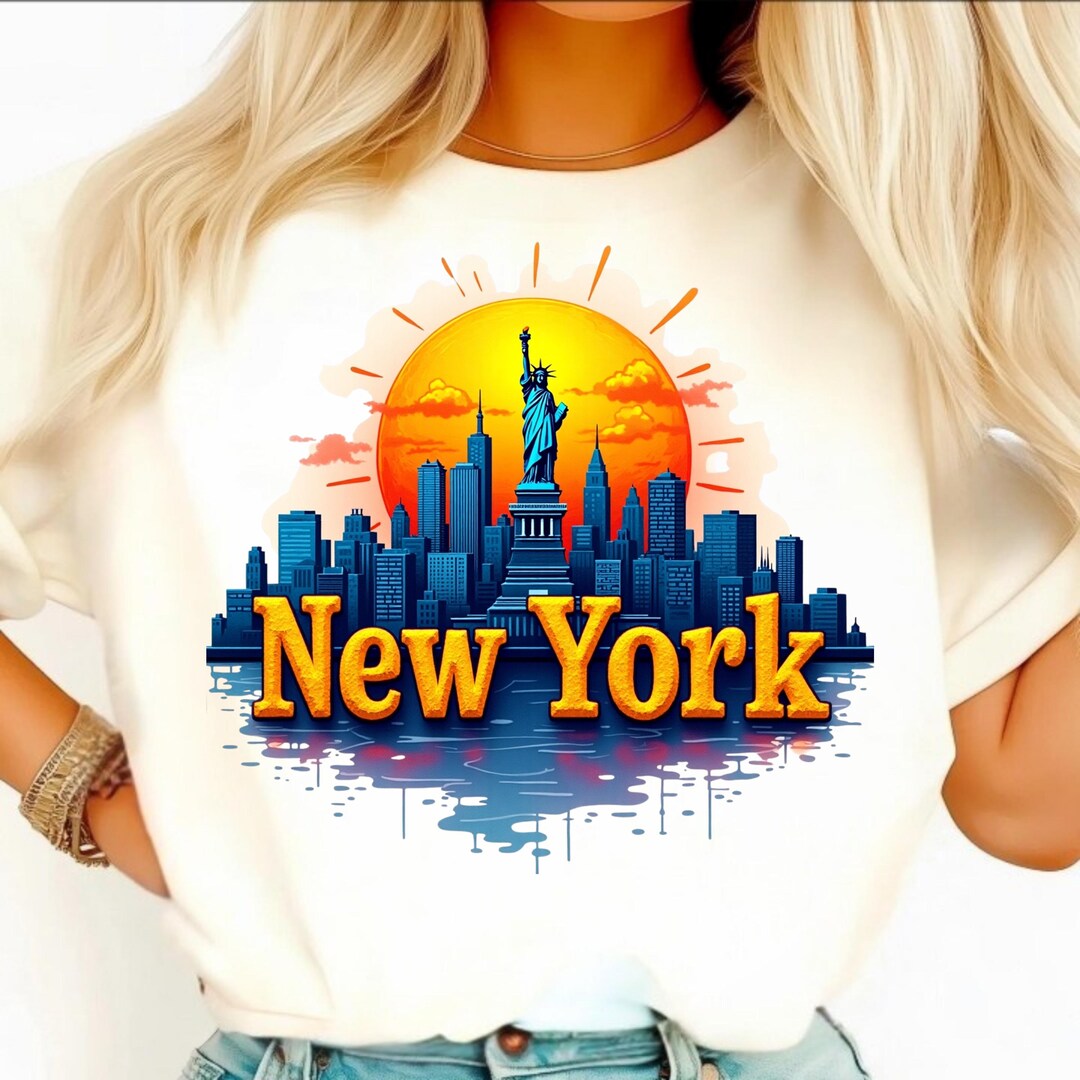 New York PNG – Retro NYC Skyline Art With Statue of Liberty & Sun ...