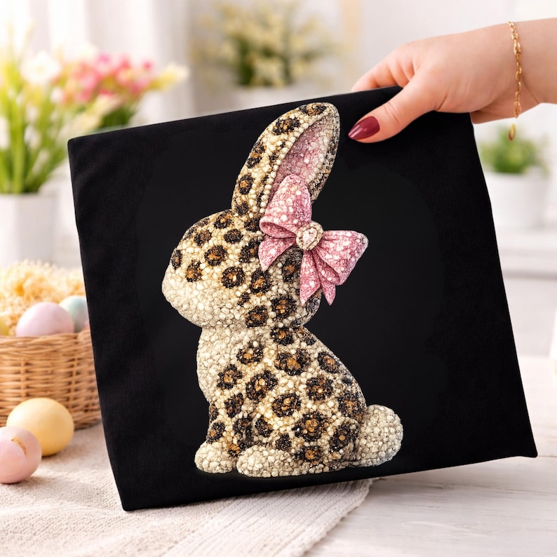 Leopard Easter Bunny PNG, Faux Rhinestone Pink Bow Spring Design - Etsy ...