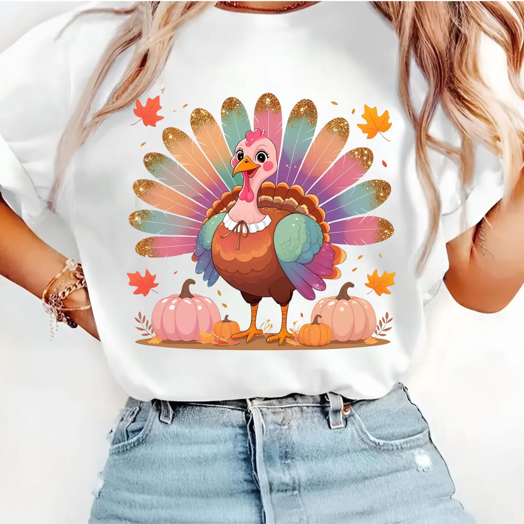 Pastel Thanksgiving Turkey PNG: Glitter Autumn Leaves, Sublimation ...