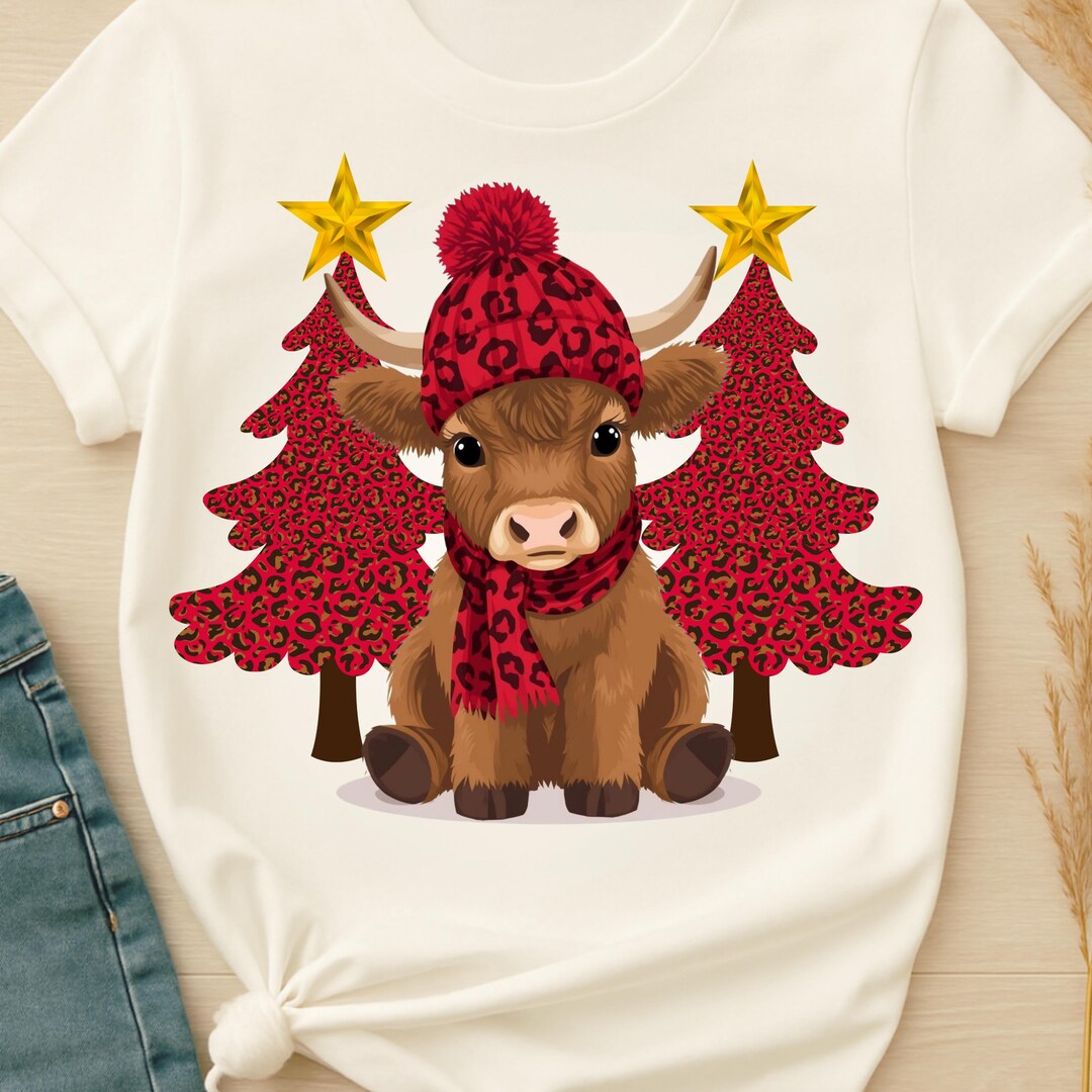 Red Leopard Highland Cow PNG: Girly Cow Christmas Sublimation Design - Etsy