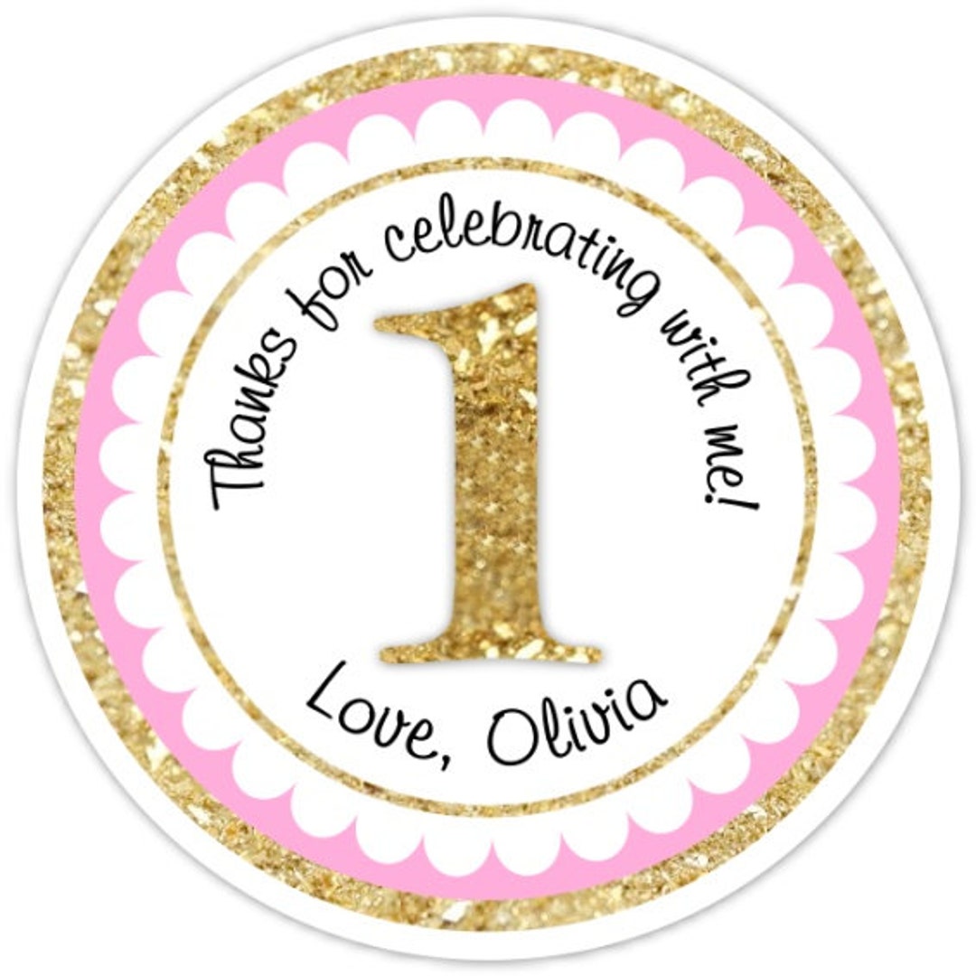 36 Custom 1st Birthday Labels, 1st Birthday Stickers, Pink and Gold ...