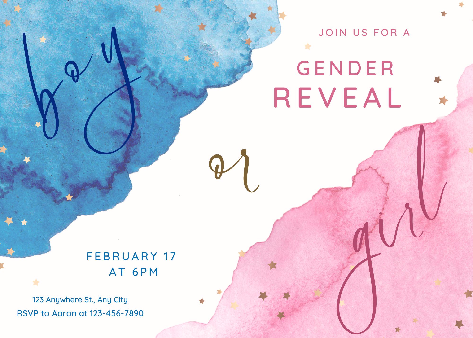 Pink and Blue Watercolor Abstract Gender Reveal Invitation - 7X5 ...