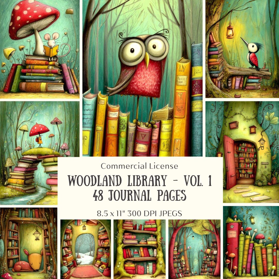 48 Woodland Library Journal Pages Vol. 1, Folk Art Scrapbook, Enchanted ...