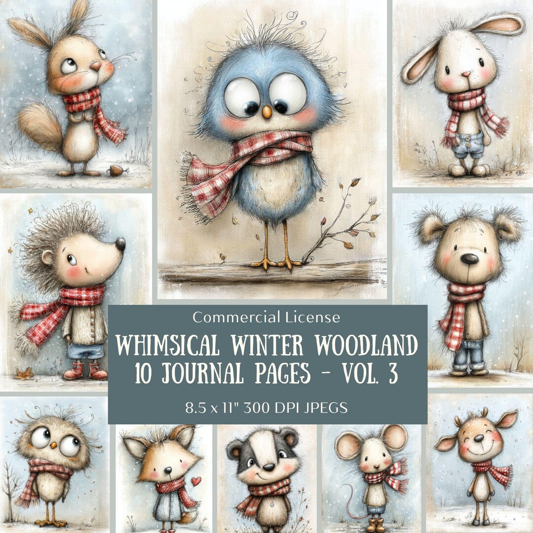 10 Whimsical Winter Woodland Animals Vol. 3, Junk Journals Pages ...