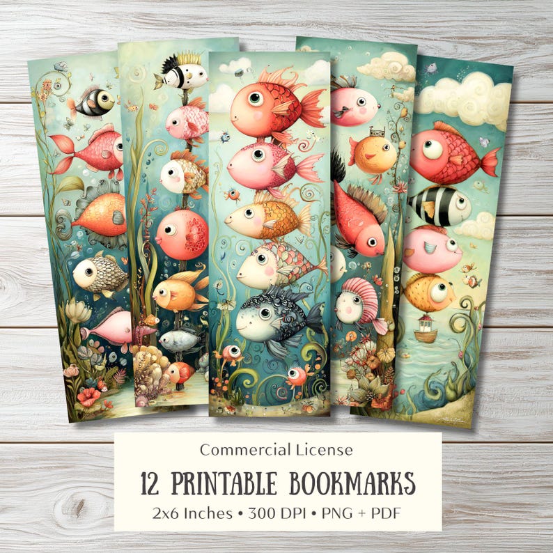 12 Whimsical Fishes Printable Bookmarks, Kids Reading Craft (digital ...