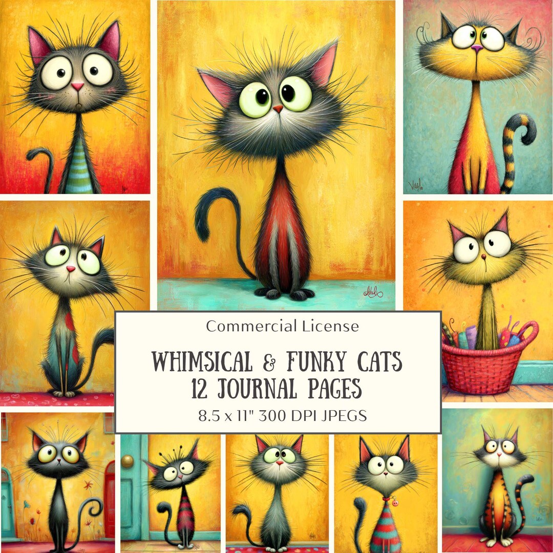 12 Funky Cats Junk Journal Pages, Whimsical Nursery Art (digital ...