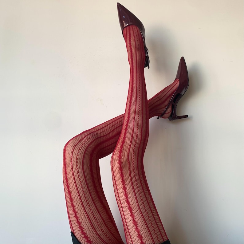 Red Stripe Fishnet Tights – Geometric Vertical Pattern Mesh Tights ...