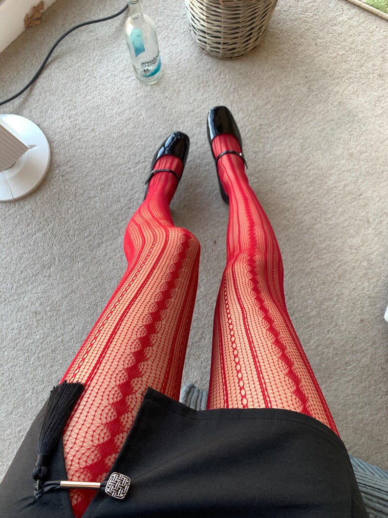 Red Stripe Fishnet Tights – Geometric Vertical Pattern Mesh Tights ...