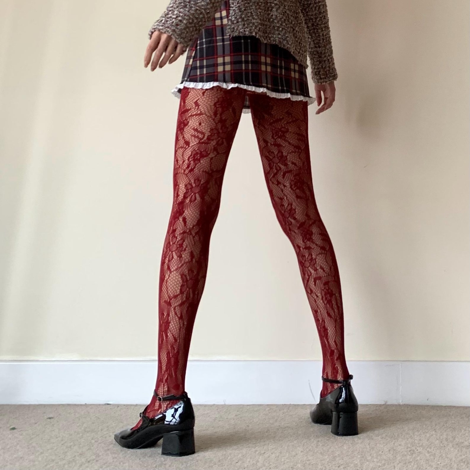 Red Burgundy Flora Pattern Lace Fishnet Hollow Stretchy Comfy Tights ...