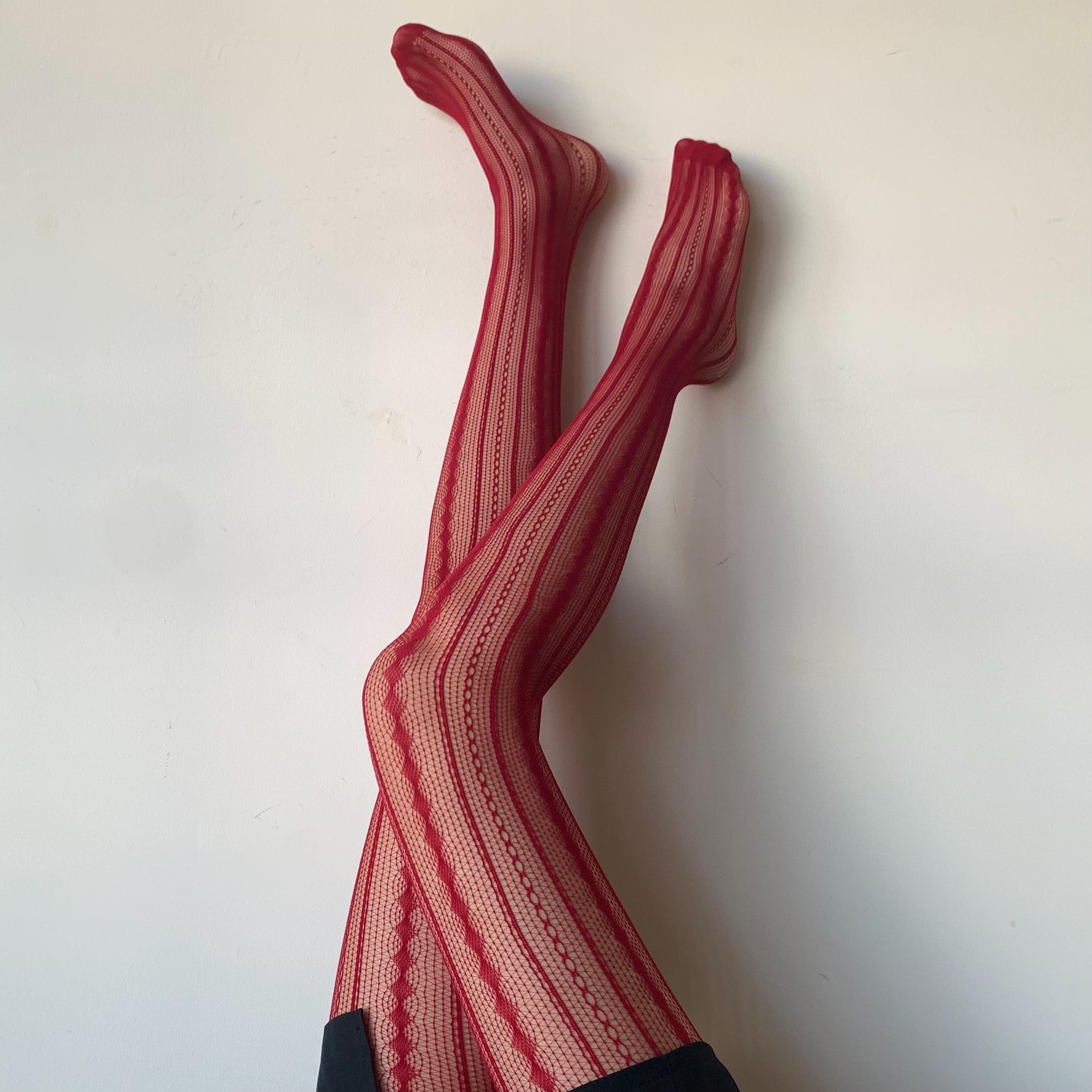 Red Stripe Fishnet Tights – Geometric Vertical Pattern Mesh Tights ...