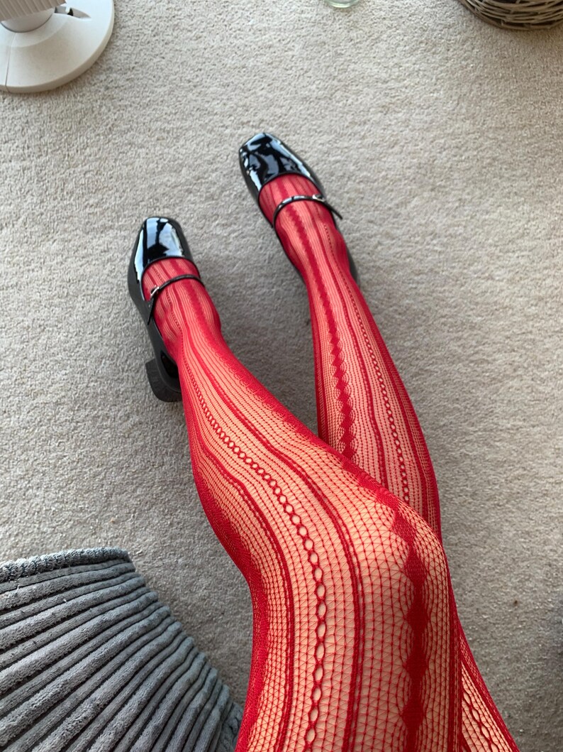 Red Stripe Fishnet Tights – Geometric Vertical Pattern Mesh Tights ...