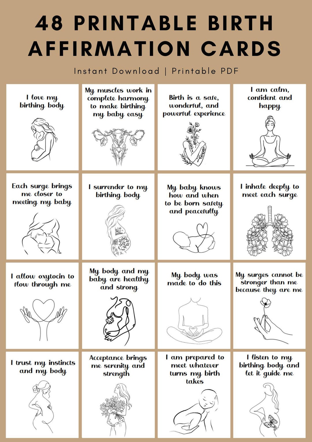48 Birth Affirmation Printable Cards, Digital Download, Positive Birth ...