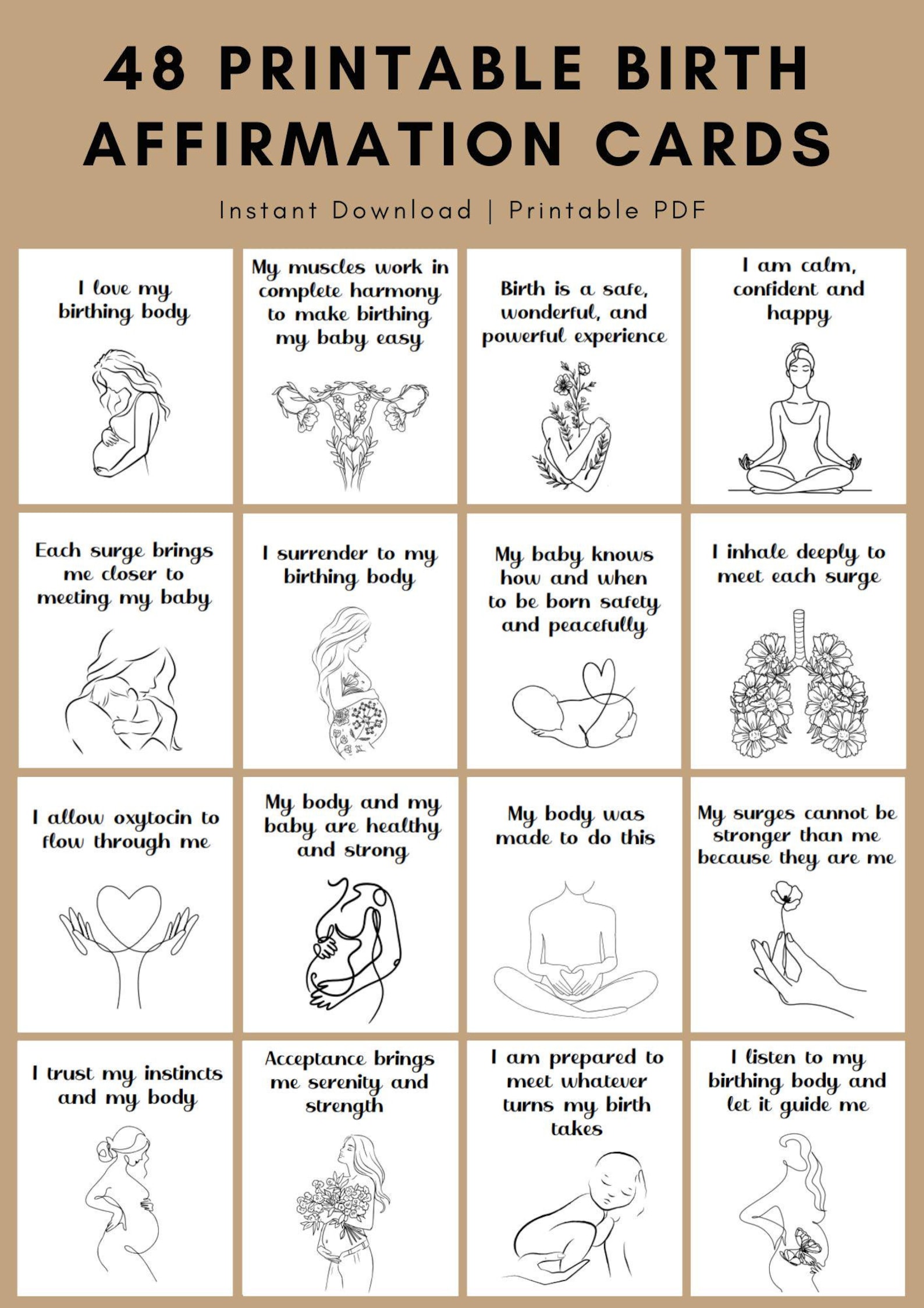 48 Birth Affirmation Printable Cards, Digital Download, Positive Birth ...