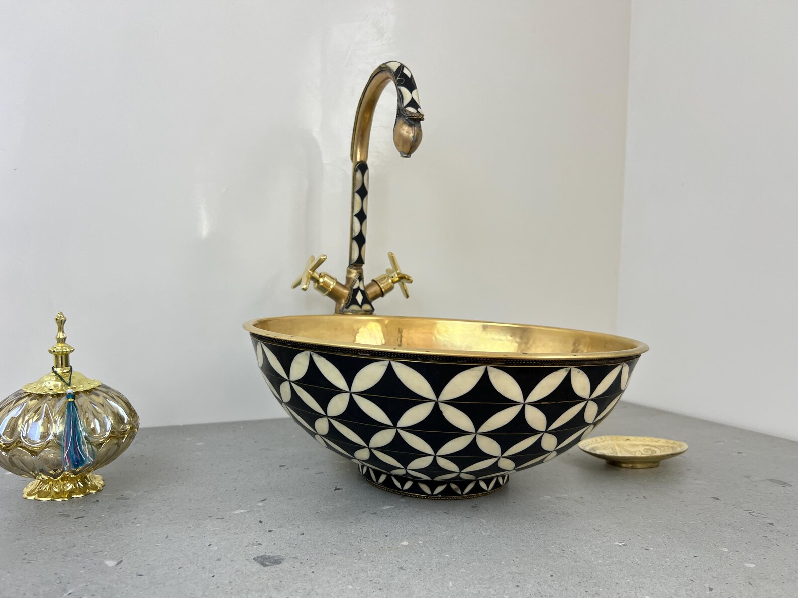 Handcrafted Brass and Bone Inlay Sink – Moroccan Round Bathroom Vessel ...