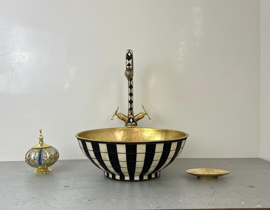 Handmade Black & White Checkered Brass Vessel Sink With Faucet - Etsy