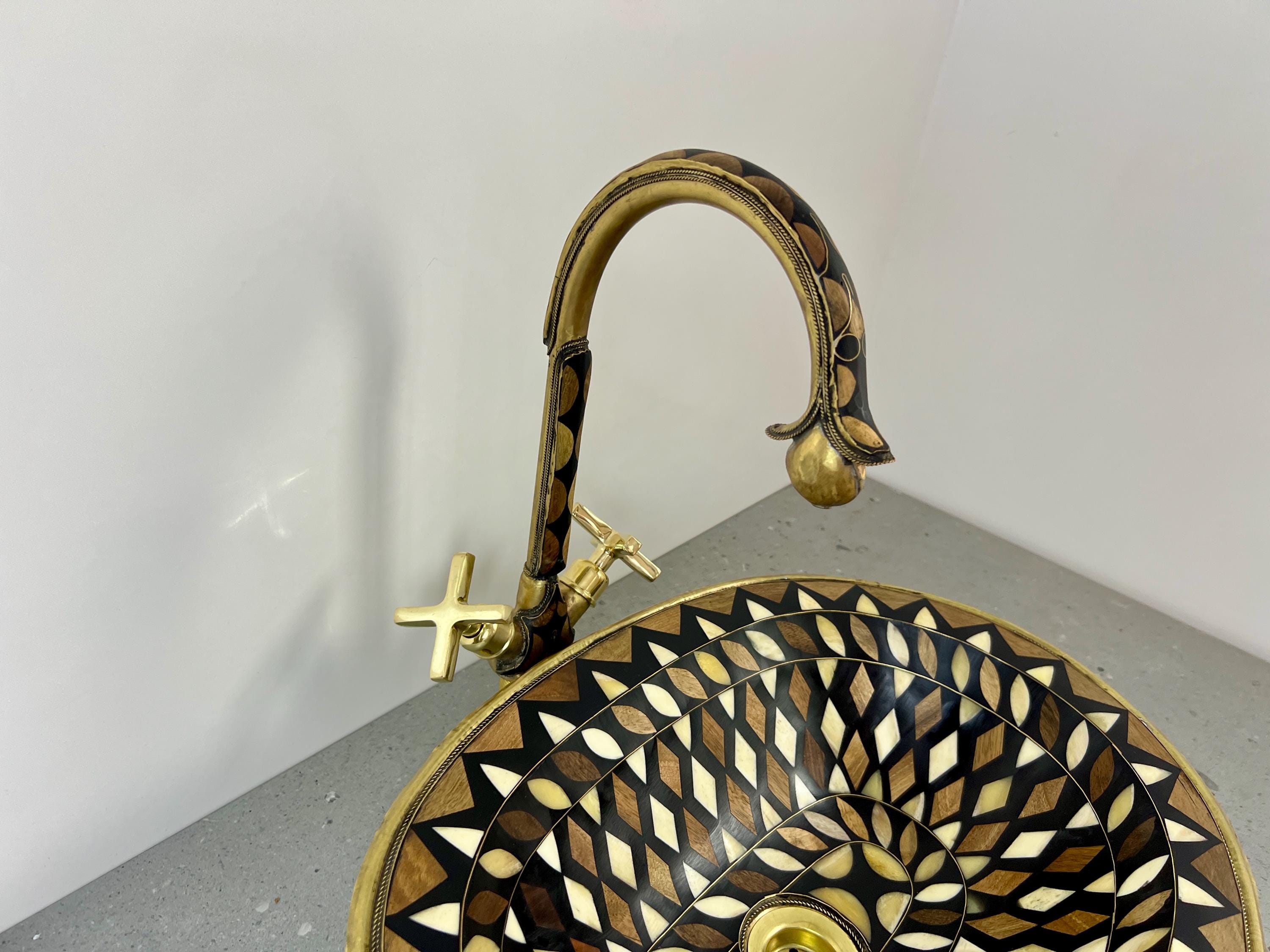 Luxury Brass Inlay Sink – Moroccan Vessel Washbasin – Bone Mosaic ...
