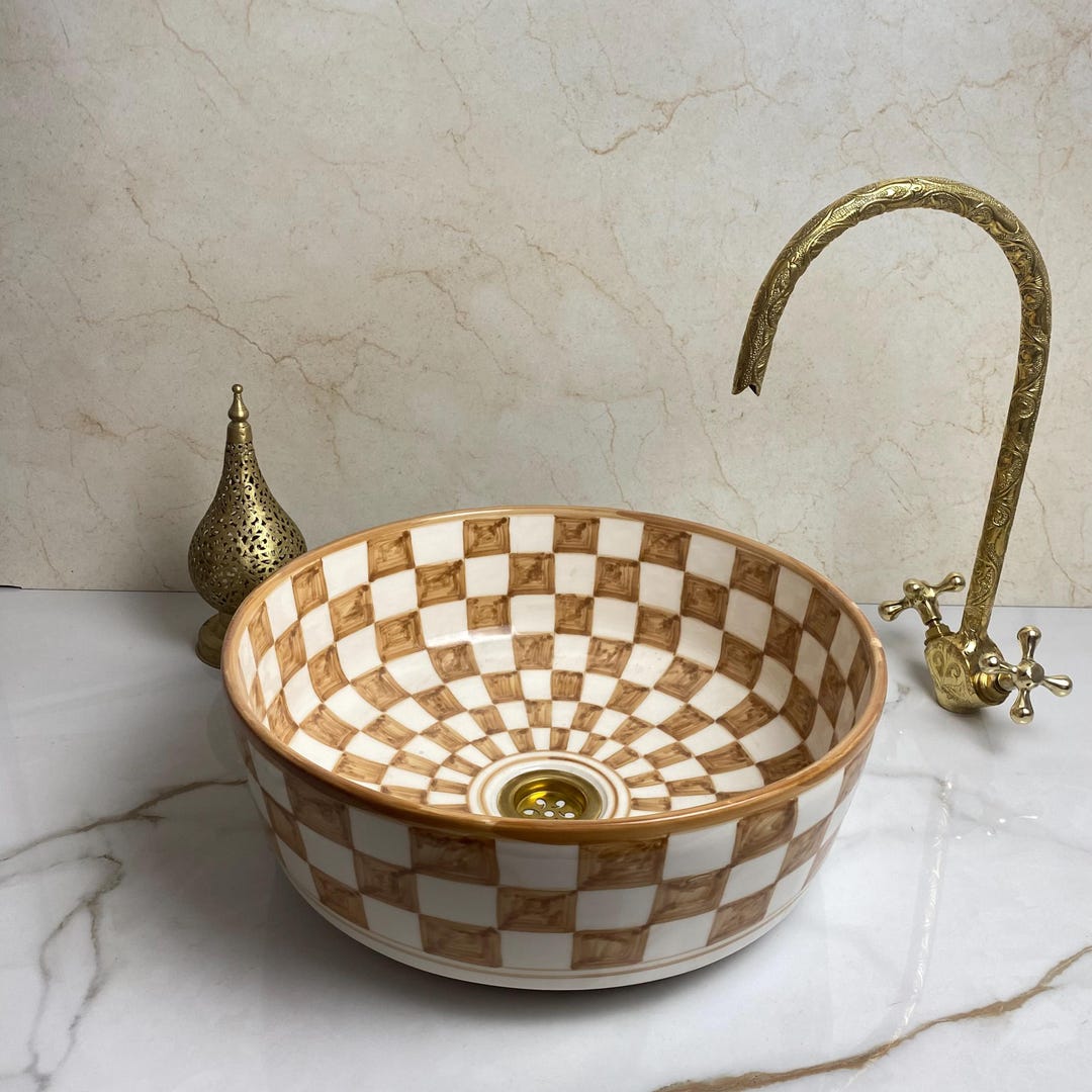 Hand-painted Checkered Ceramic Sink: Moroccan Bathroom Vessel - Etsy