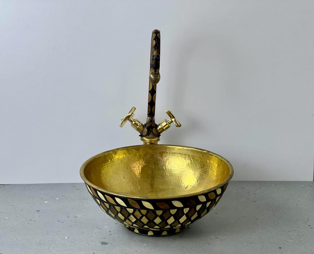 Handmade Brass Bathroom Sink: Bone Inlay Moroccan Vessel With Faucet - Etsy