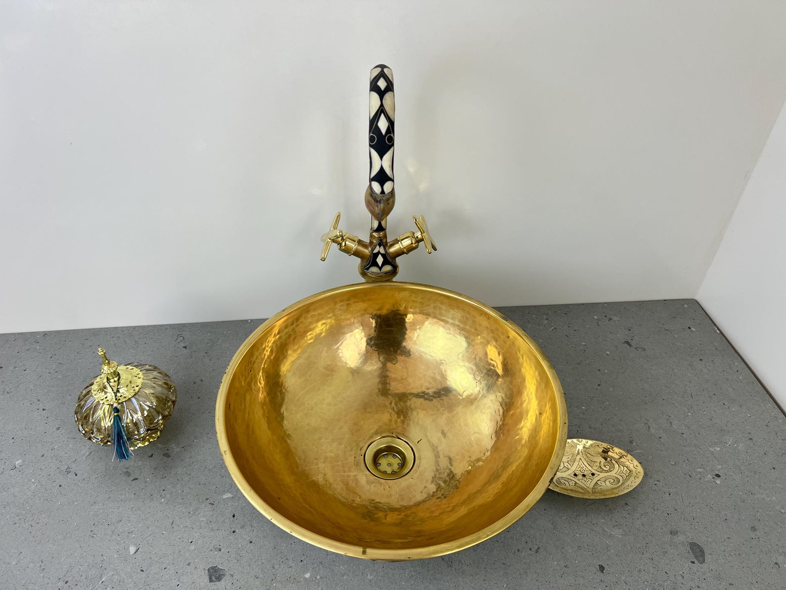 Handcrafted Brass and Bone Inlay Sink – Moroccan Round Bathroom Vessel ...