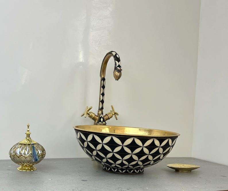 Handcrafted Brass and Bone Inlay Sink – Moroccan Round Bathroom Vessel ...