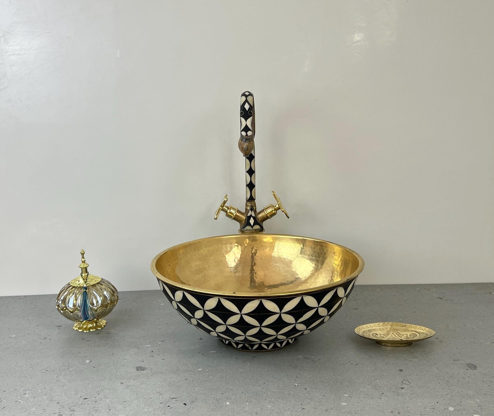 Handcrafted Brass and Bone Inlay Sink – Moroccan Round Bathroom Vessel ...