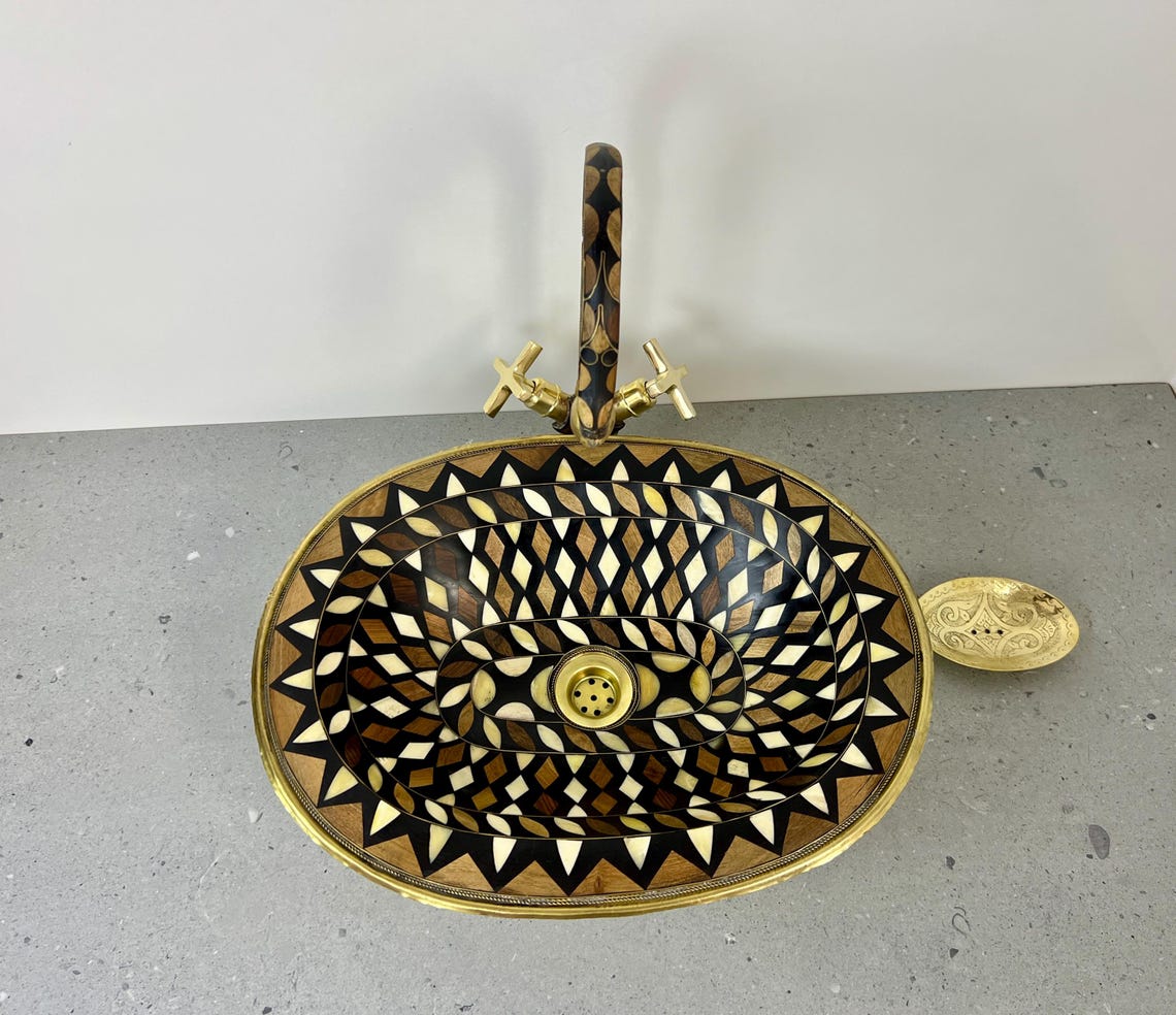 Luxury Brass Inlay Sink – Moroccan Vessel Washbasin – Bone Mosaic ...
