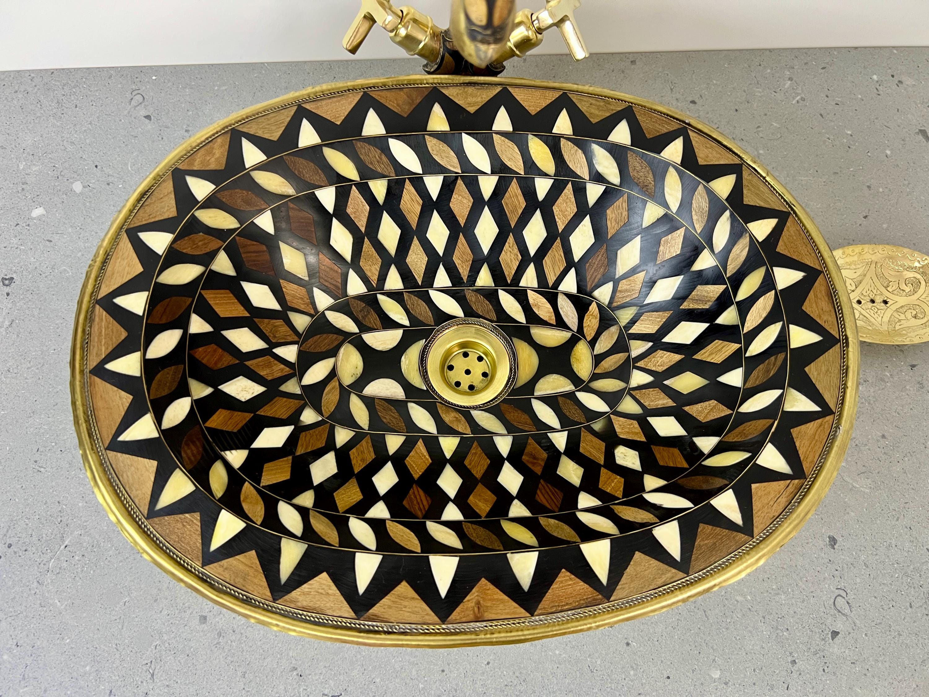 Luxury Brass Inlay Sink – Moroccan Vessel Washbasin – Bone Mosaic ...