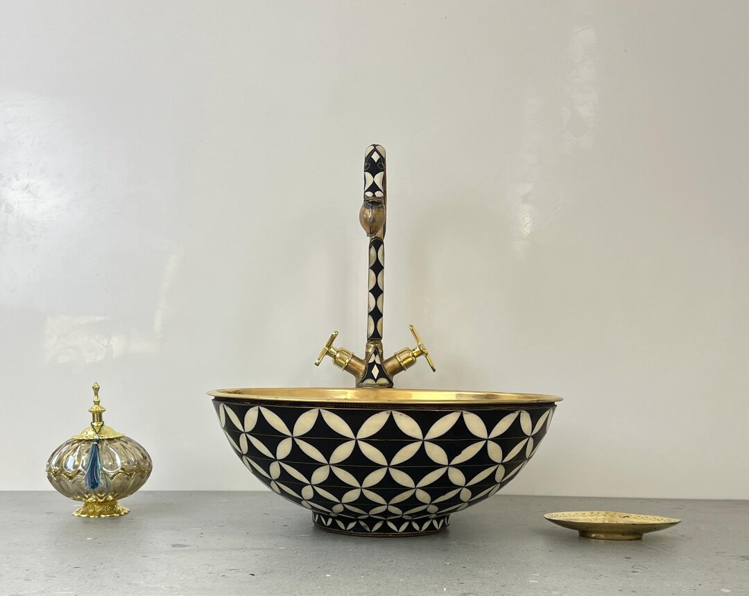Handcrafted Brass and Bone Inlay Sink – Moroccan Round Bathroom Vessel ...