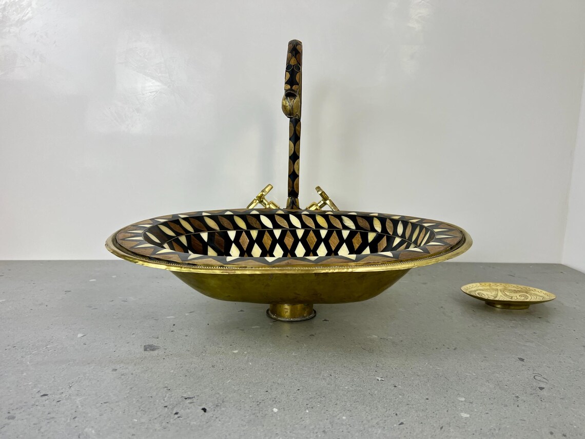 Luxury Brass Inlay Sink – Moroccan Vessel Washbasin – Bone Mosaic ...