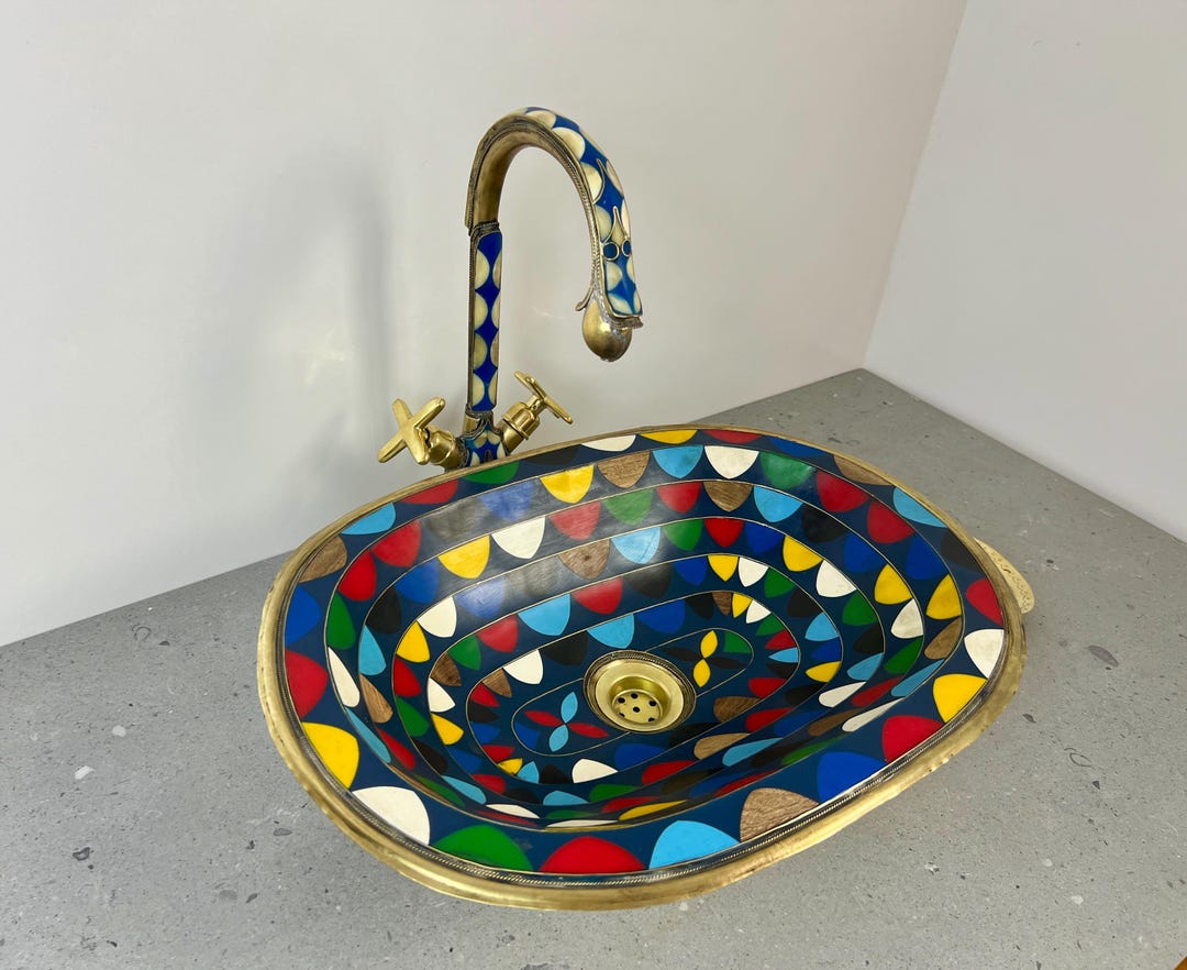 Colorful Brass Sink With Bone Inlay – Handmade Moroccan Oval Vessel ...