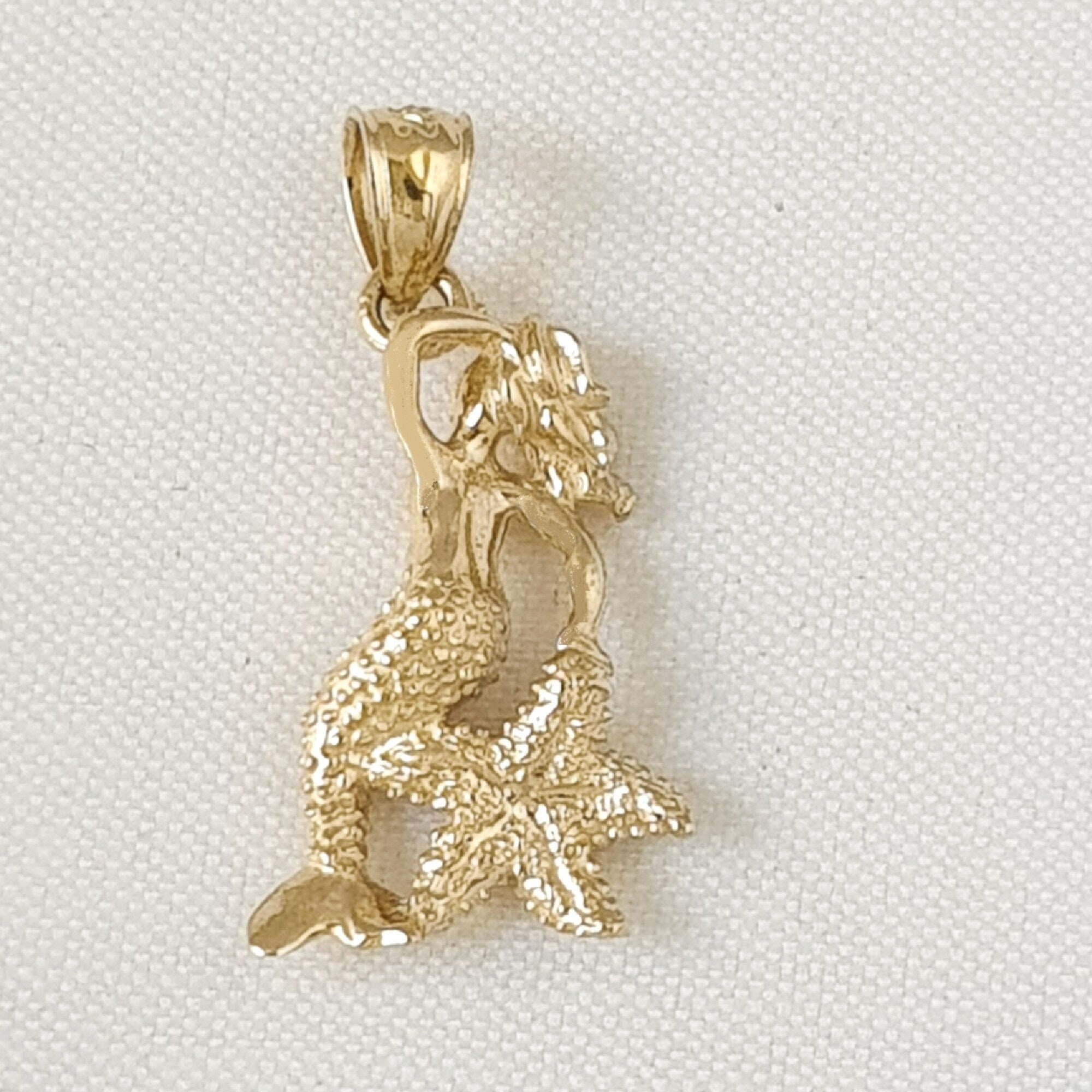 14K Yellow Gold Mermaid With Starfish 3D Solid Pendant - Etsy