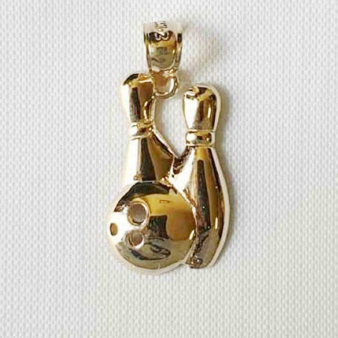 14K Yellow Gold Bowling Pin & Ball Pendant - Etsy