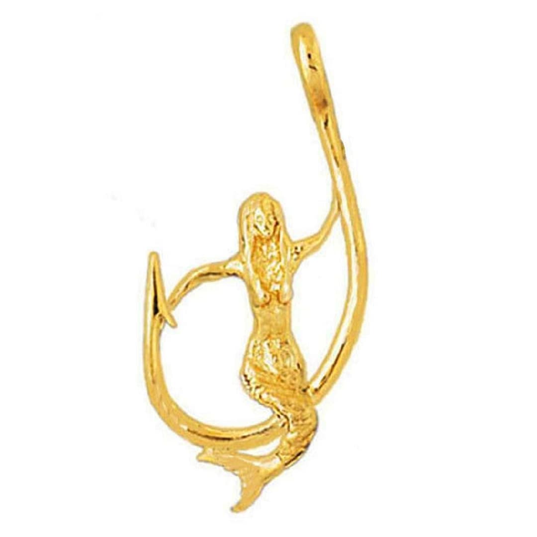 14K Yellow Gold Mermaid With Fish Hook Pendant - Etsy