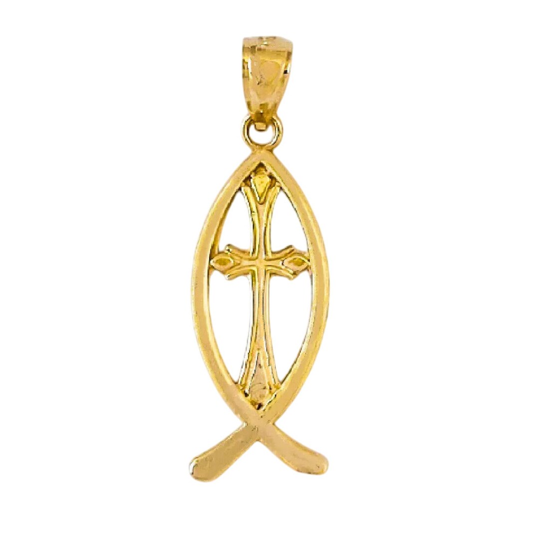 14K Yellow Gold Christian Fish With Cross Pendant - Etsy