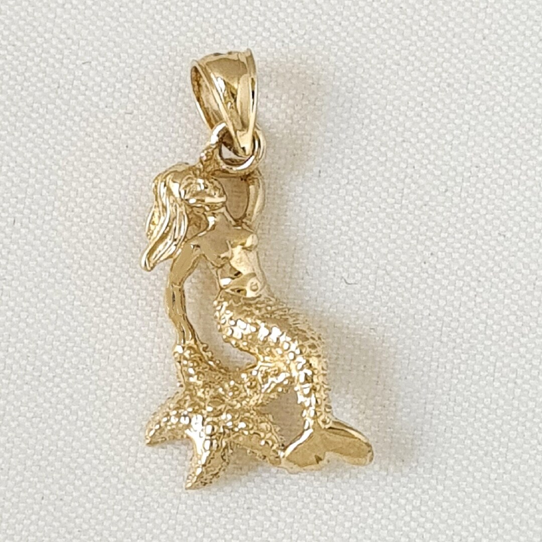 14K Yellow Gold Mermaid With Starfish 3D Solid Pendant - Etsy