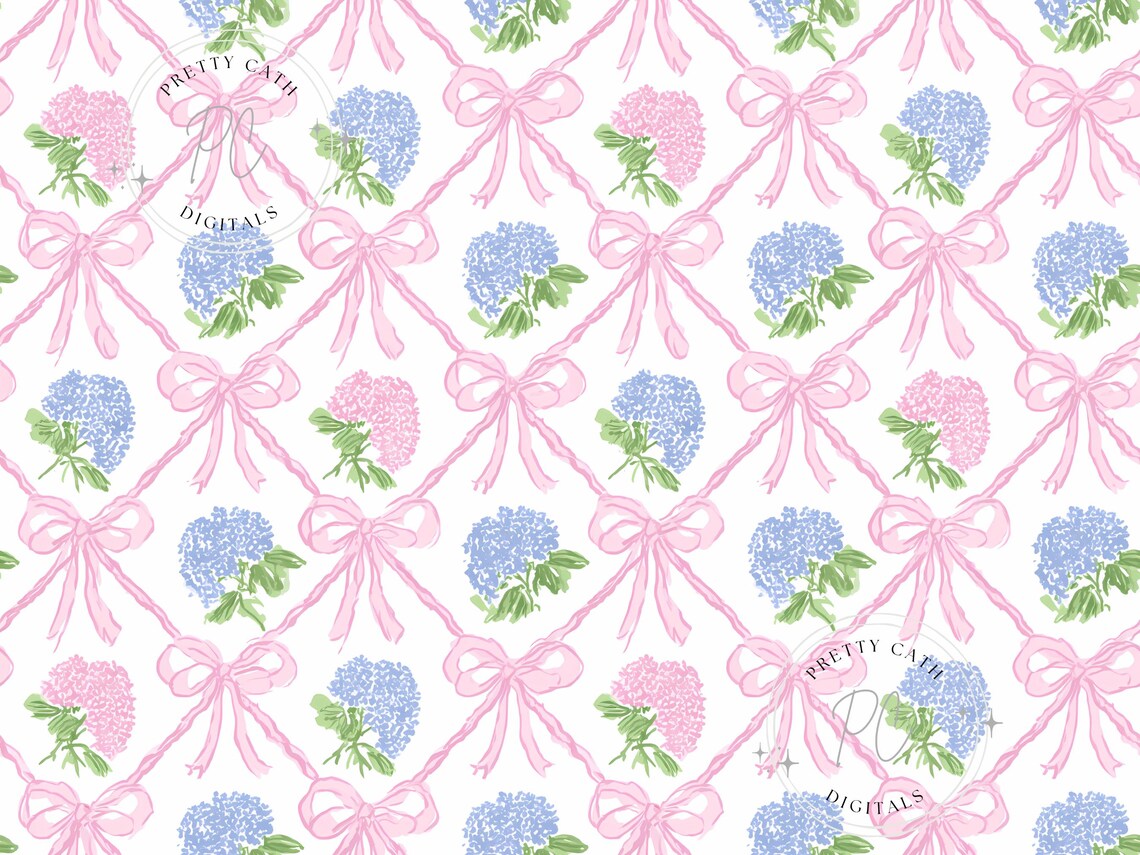 Pink Hydrangea Blue Floral Bow Pattern Vintage Chinoiserie Digital ...