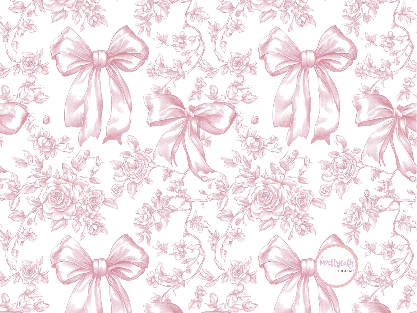 Vintage Pink Toile Floral Bow Pattern Elegant Seamless Rose Ribbon ...
