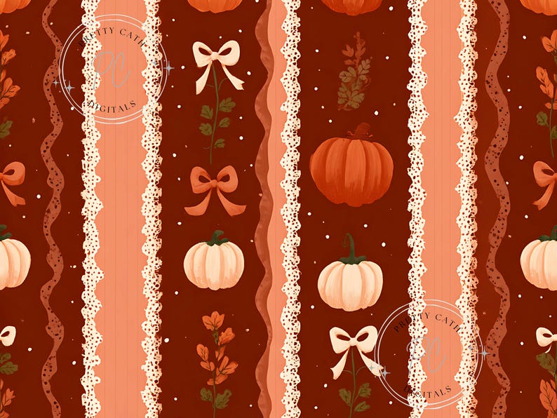 Coquette Bow Pumpkin Seamless Pattern: Fall Stripes PNG Digital Paper ...