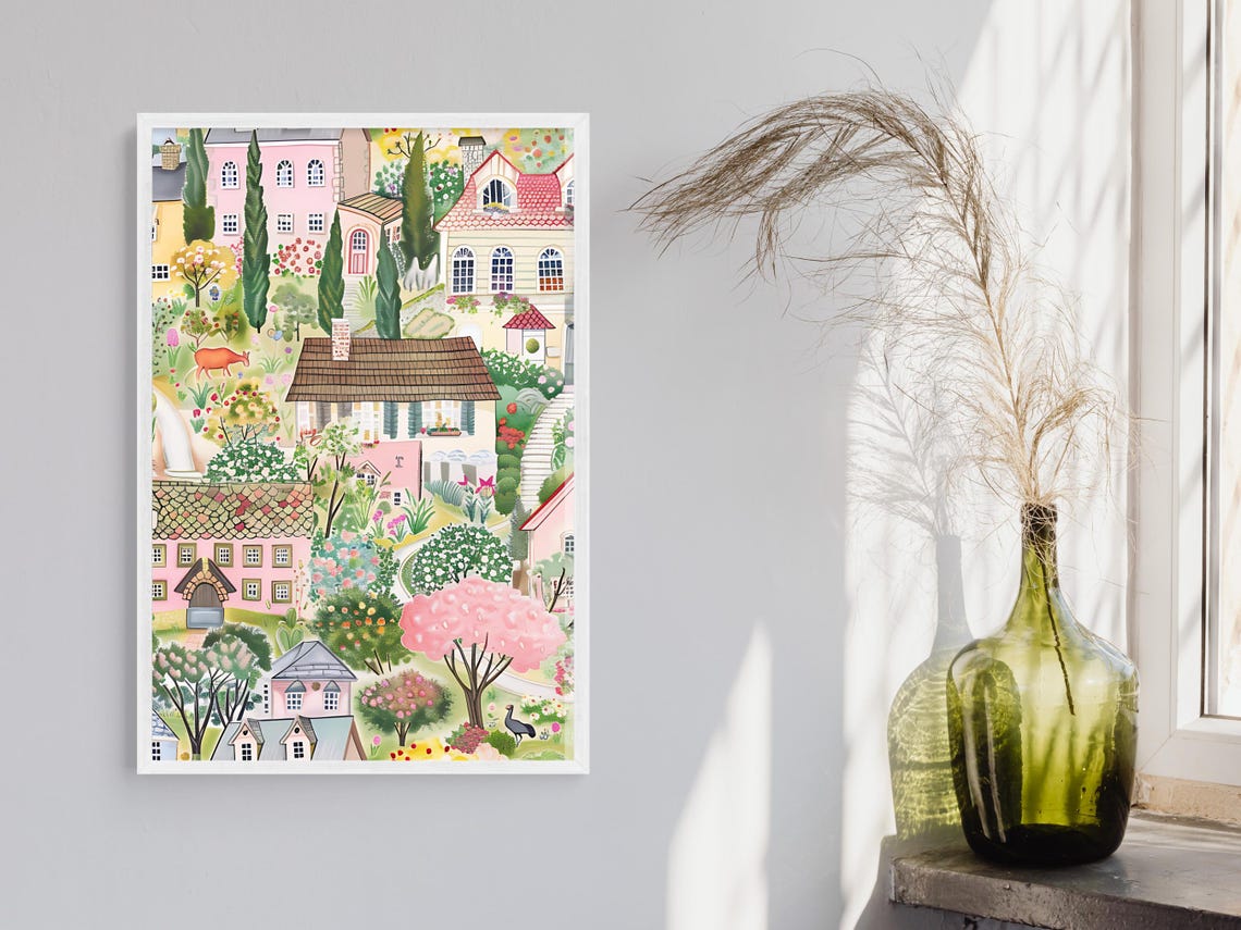 Cottagecore Village Wallpaper: Pastel Houses & Gardens Seamless Design ...