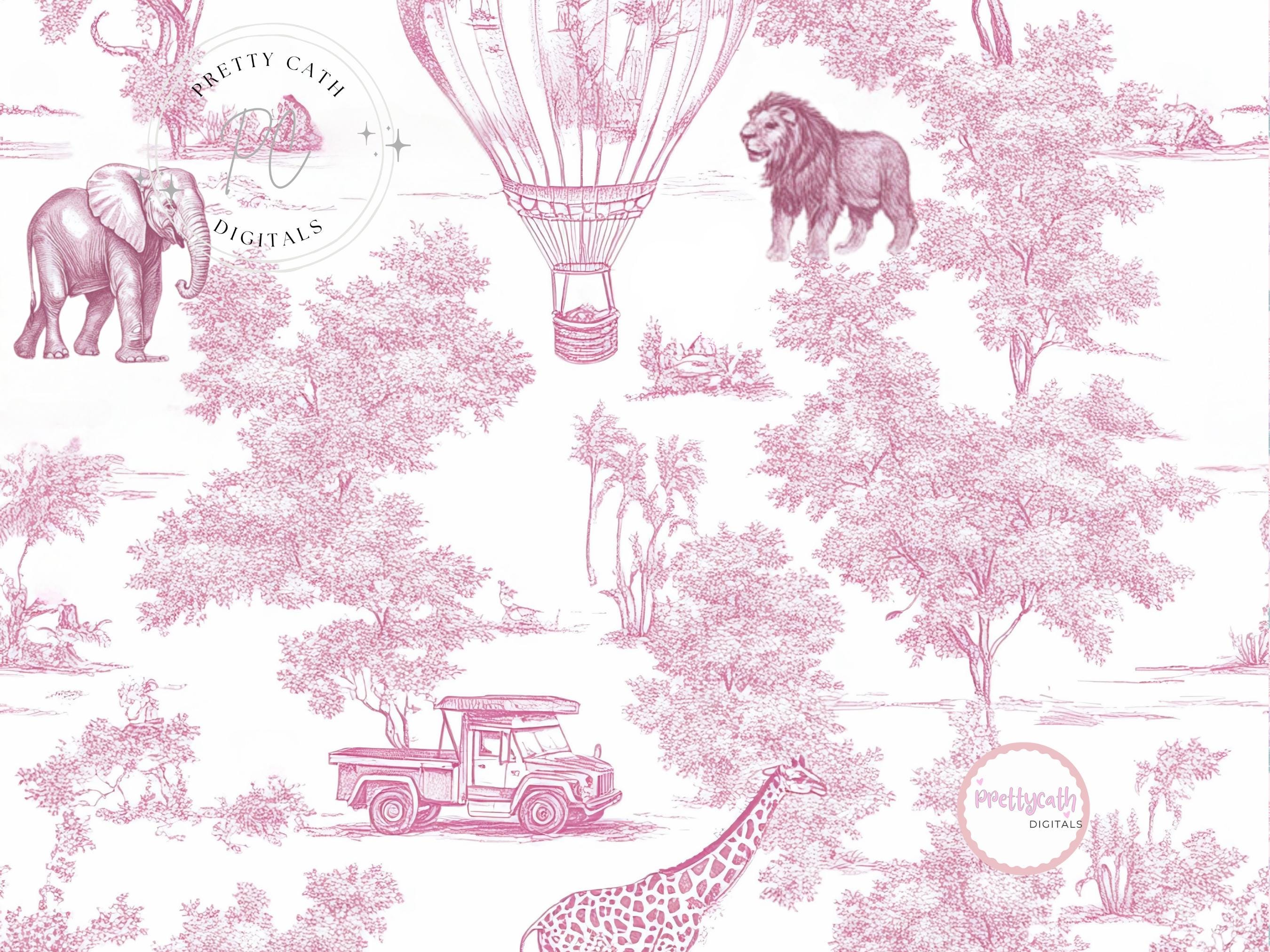 Pink Safari Toile De Jouy Fabric Vintage French Jungle Animals Seamless ...
