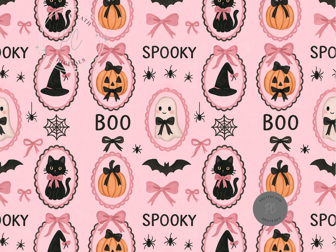 Pink Halloween Digital Paper Seamless Pattern With Black Cat Pumpkin ...