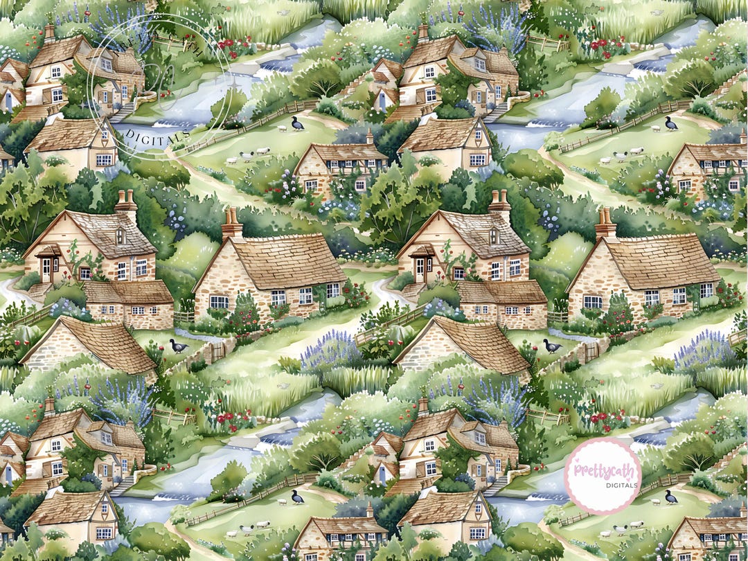 Cottagecore Village Pattern: Watercolor Houses, Gardens, Sheep (digital ...