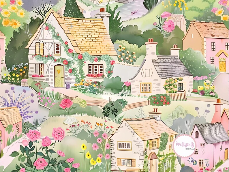Cottagecore Village Pattern: Pastel Houses & Floral Gardens (digital ...