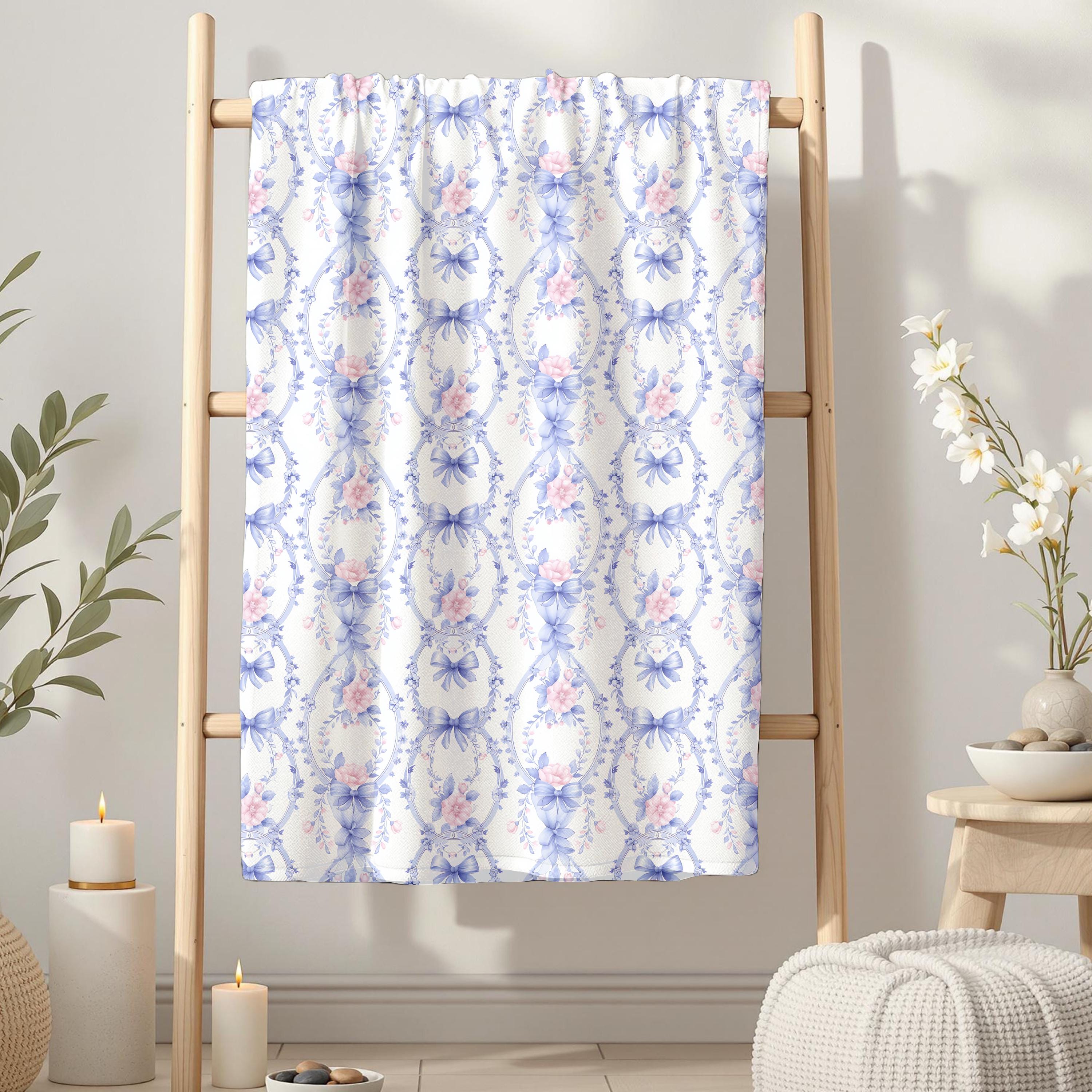 Preppy Hydrangea Seamless Pattern Chinoiserie Blue Bow Floral Oval ...