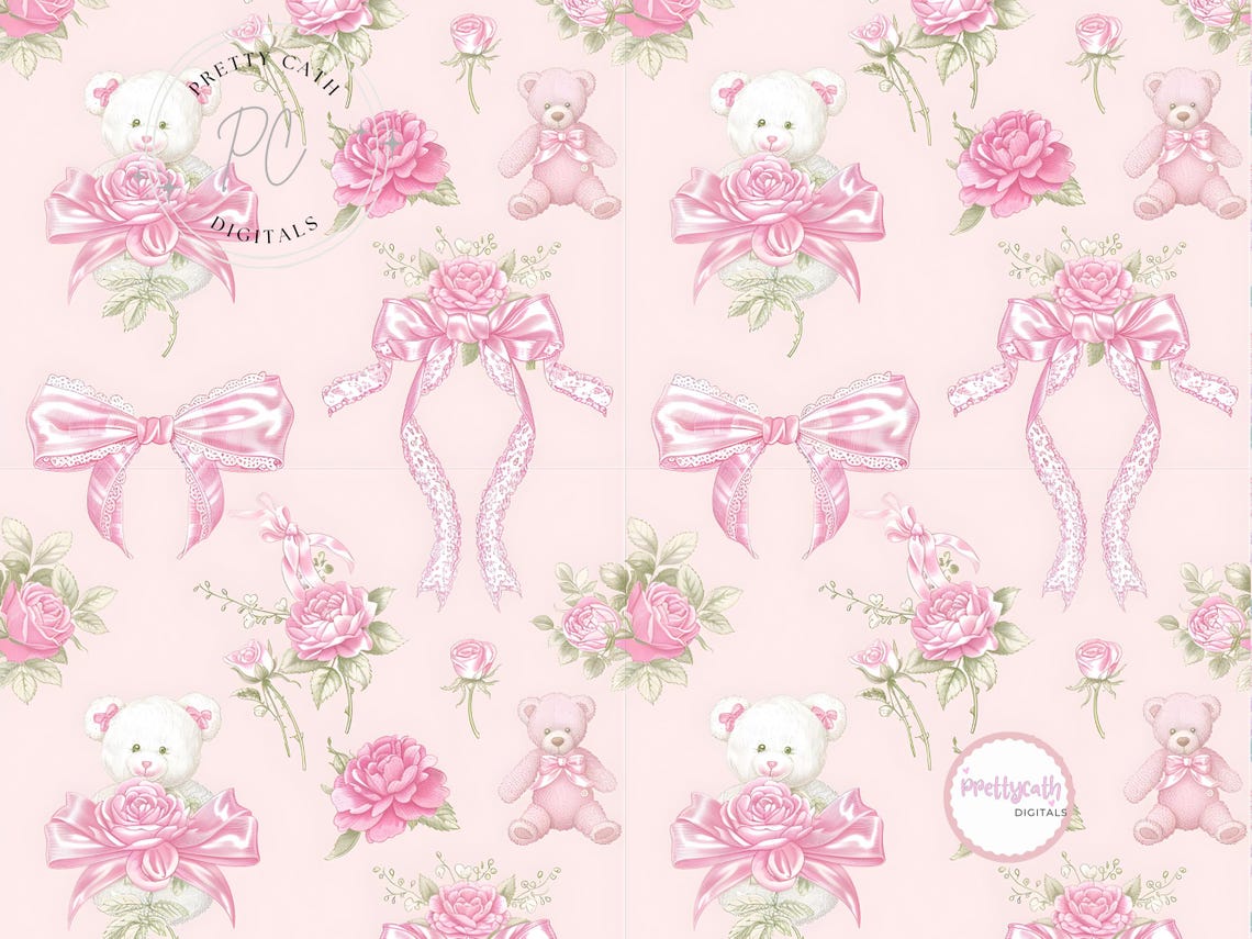 Pink Coquette Teddy Bear Floral Bow Seamless Pattern Vintage Toile ...