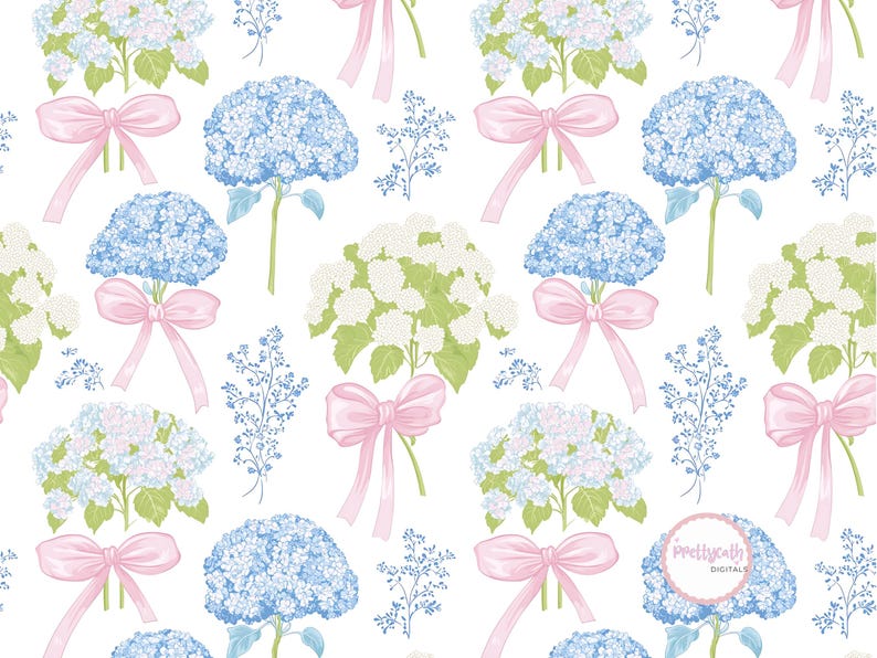 Blue Hydrangea & Pink Bow Seamless Pattern Coquette Pastel Floral ...
